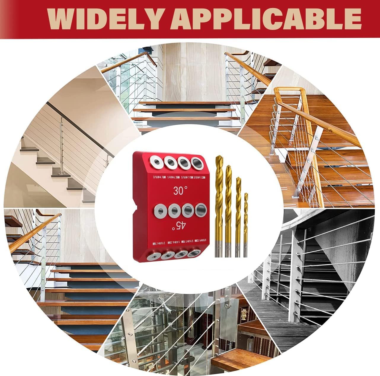 30 45 90° Angle Drill Guide Jig with 4 Size Bits, Durable All-Metal Drilling Jig for Drilling Straight and Angled Holes, for Cable Railing Lag Screw Kit Wood Post,Railing Deck Stair Handrail (5 Pcs)