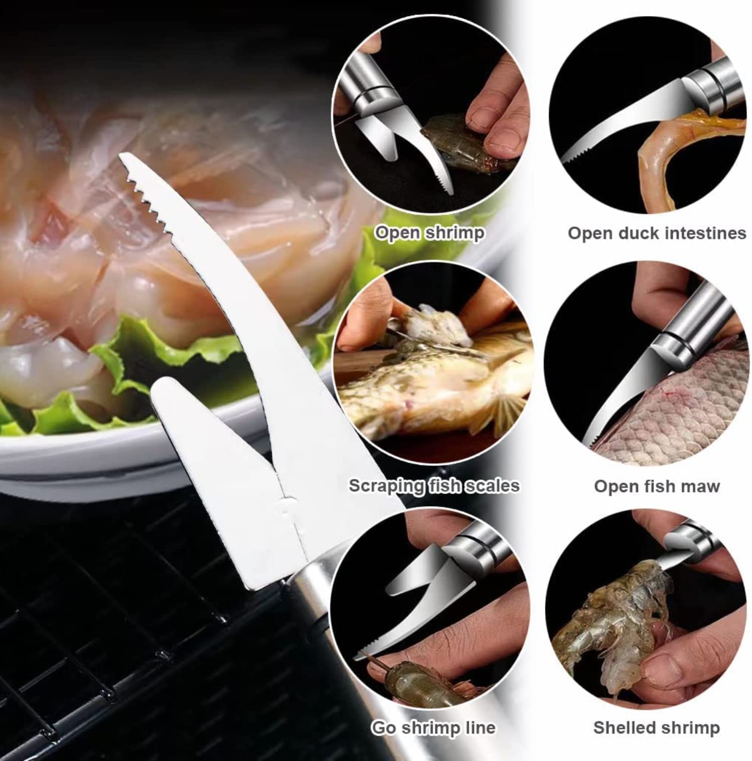 AGSIXZLAN 2pcs 5 in 1 Shrimp Line Fish Maw Deveiner Knifes,Multifunctional Multipurpose Shrimp Line Knifes,304 Stainless Steel Shrimp Tool,Seafood Knives Kitchen Tool