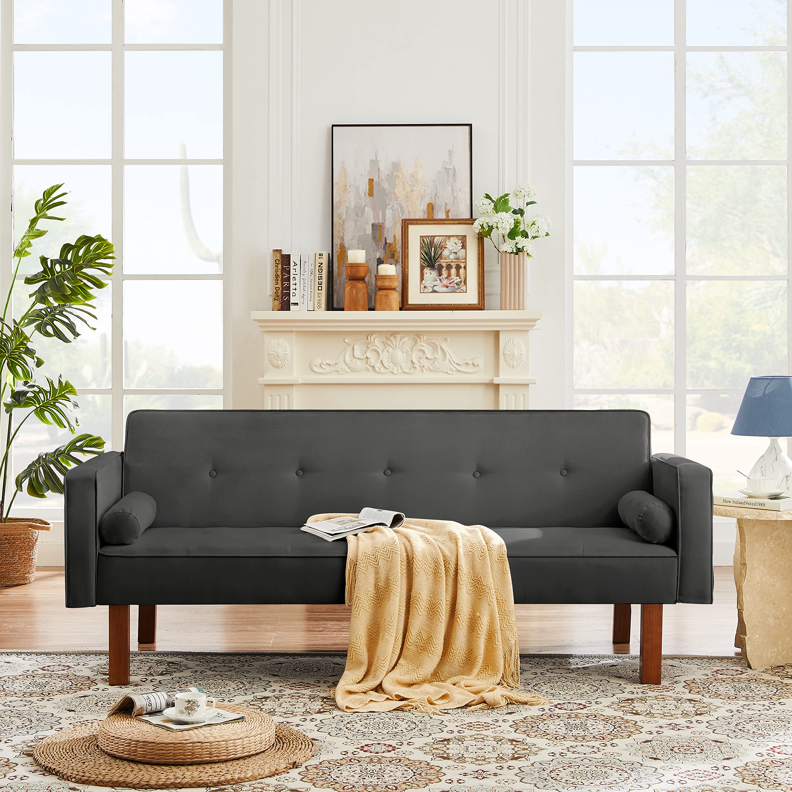Anwick Modern Fabric Sofa Bed Futon,Convertible Sleeper Loveseat with 2 Pillows & Armrests,75" Folding Recliner Couch Bed with Solid Wood Legs for Living Room Bedroom Office Dorms (Dark Grey)