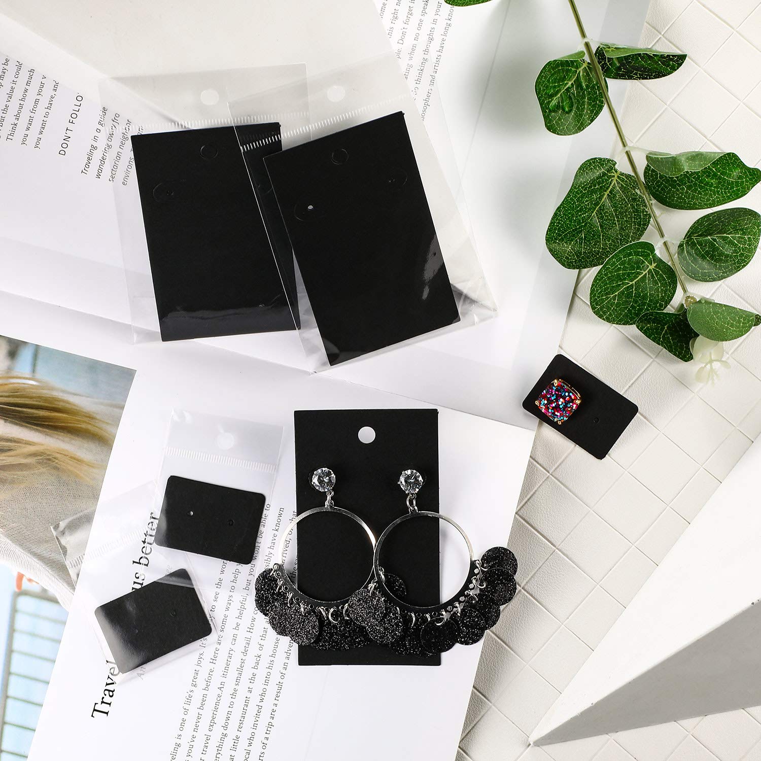 500 Set Earrings Display Card with Clear Resealable Bags, Earring Display Cards for Ear Studs for DIY (Black)