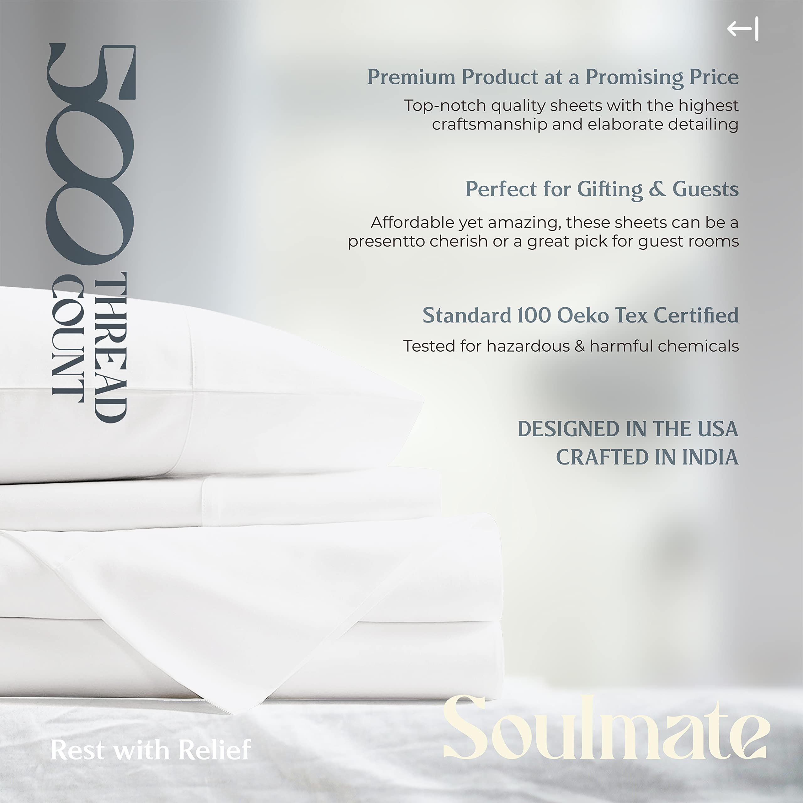 500 Thread Count 100% Cotton Sheet White King Sheets Set, 4-Piece Long-Staple Combed Pure Cotton Best Sheets for Bed, Breathable, Soft & Silky Sateen Weave Fits Mattress Upto 18'' Deep Pocket