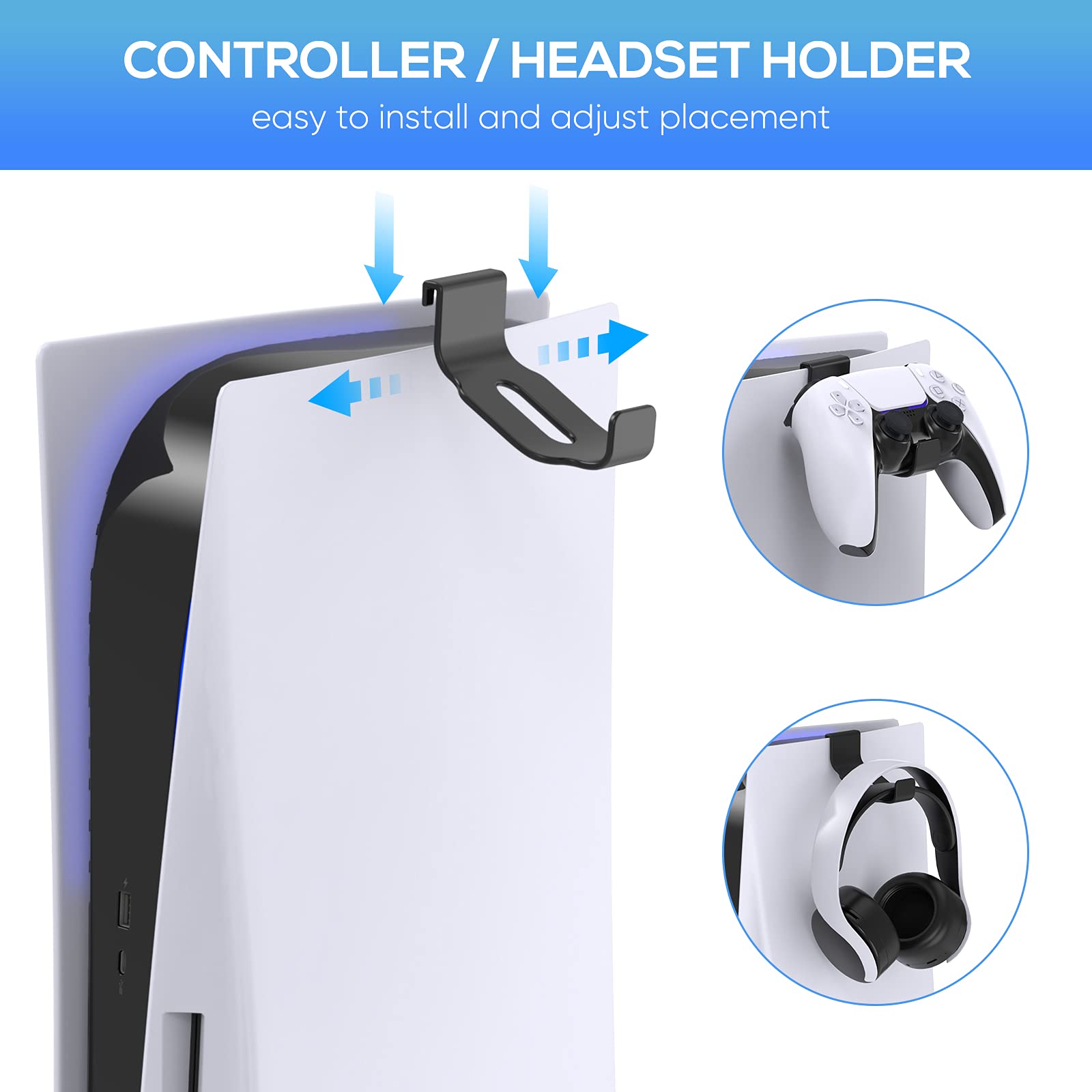 5 in 1 Vertical Stand for PS5/PS5 Digital Edition with Cooling Fan 3 Adjustable Level and Controller Charger Dock Fast Charging with LED Indicator, 2 Holder Hanger, Remote Slot&10 Game Rack Organizer