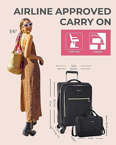 BAGSMART Carry On Luggage 20 Inch, Expandable Suitcase, 2 Piece Luggage Sets Luggage Airline Approved Rolling Softside Lightweight Suitcases with Front Pocket for Women Men, Carry-On Black