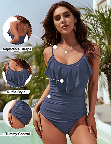 Blooming Jelly Womens One Piece Bathing Suit Tummy Control Swimwear Ruffled Vintage Swimsuits (X-Large, Dusty Blue)