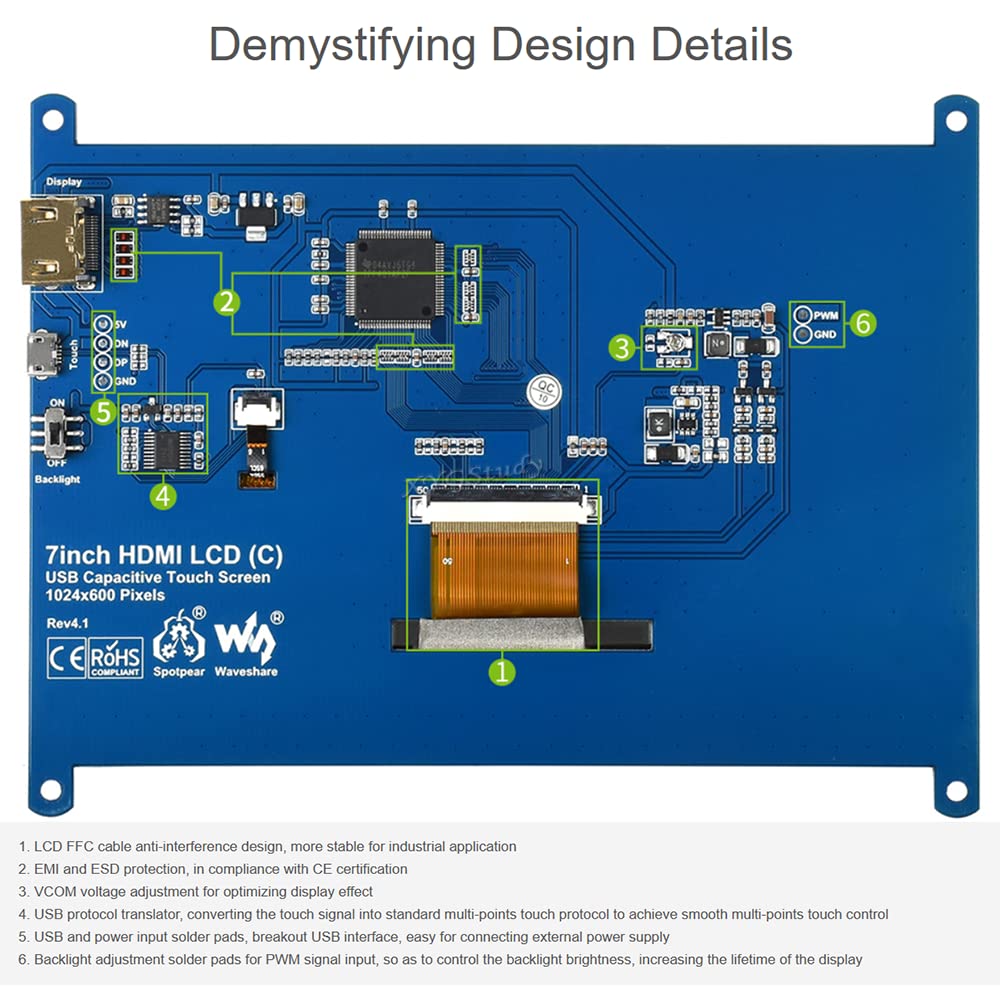 7inch HDMI LCD (C), HDMI Interface Raspbian LCD 1024 * 600 Capacitive Touch Screen Display Mini PC Supports Raspberry Pi 4 3 2 Model B B+ A+ & BeagleBone Black & Banana Pi/Pro @XYGStudy