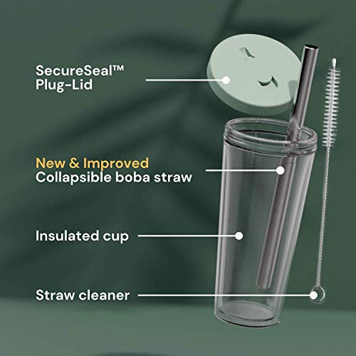 Reusable Boba Cup with Resealable Lid Plug - 17 Oz Double Wall Insulated | Smoothie Tumbler | Wide Stainless Steel Straw For Bubble Tea, Boba Pearls - White