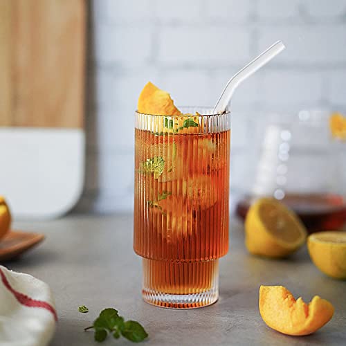 CAYOREPO 4 Pcs Set 16oz Ribbed Drinking Glasses with Bamboo Lids and Straws, Ribbed Glass Cups, Stackable Glasses, Vintage Water Glasses for Juice, Beer, Coffee, Tea and Cocktail (Clear(4Pcs))