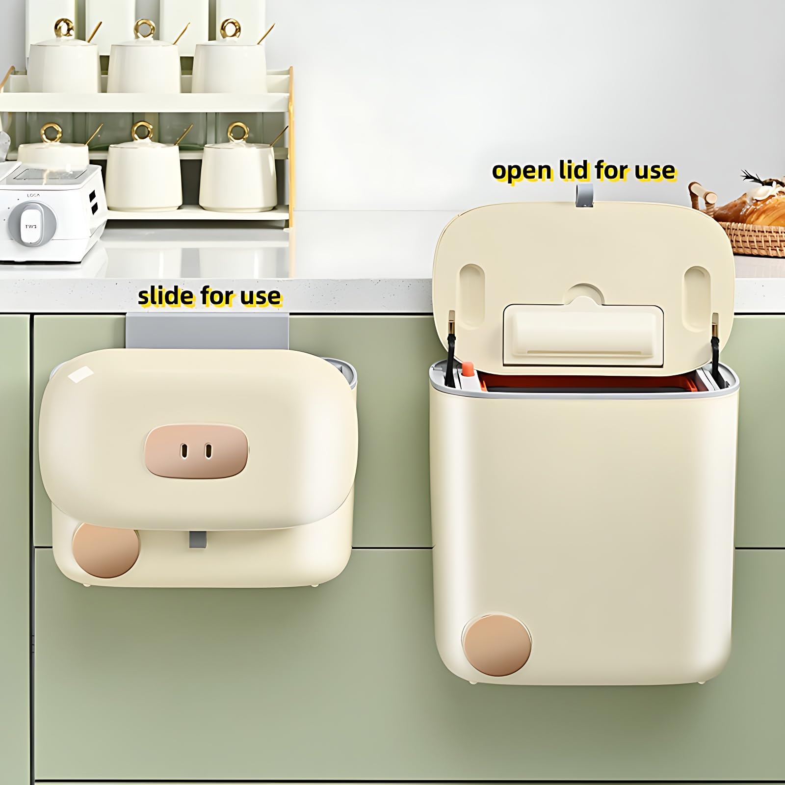 AIWE7D 9L/2.4 Gallon Hanging Trash Can for Kitchen Cabinet Door with Slide Lid Portable Hang Trash Bin Garbage Can for Bathroom with Sticky Hook ABS