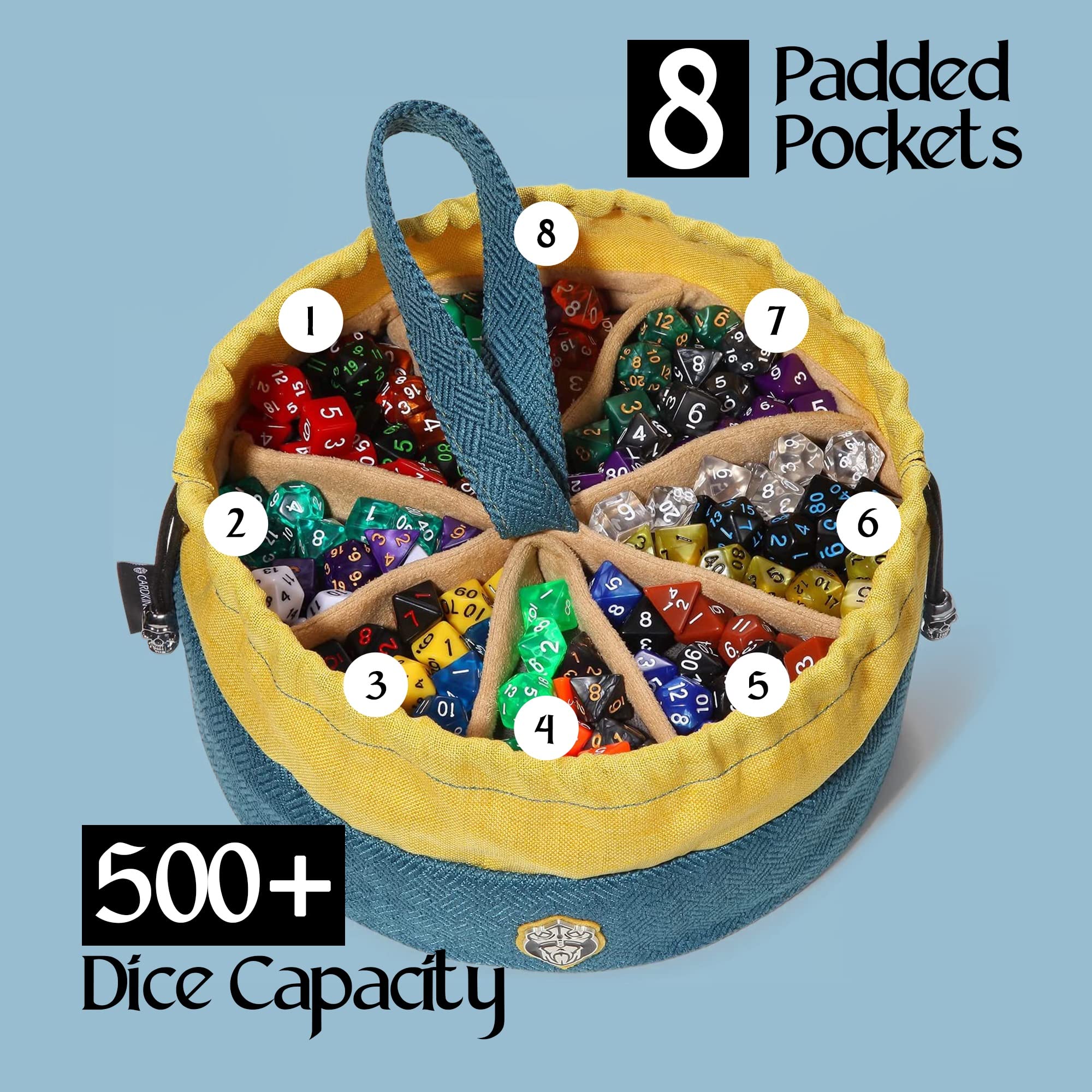 CardKingPro Monstrous - Dice Bag with 8 Pockets - Blue/Yellow - Huge Capacity 500+ Dice - Great for Dice Hoarders