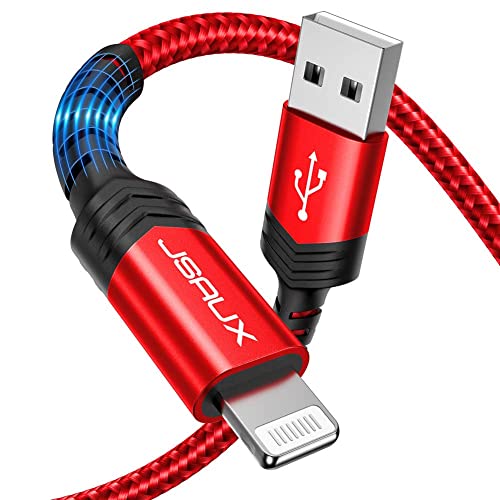 JSAUX ăApple MFi Certifiedă Lightning Cable 6ft, iPhone Charger Cable Nylon Braided Heavy Duty, Upgraded C89 USB Lightning Cord for iPhone 11 Xs Max X XR 8 7 6s 6 Plus SE 5 5s, iPad, iPod-Red