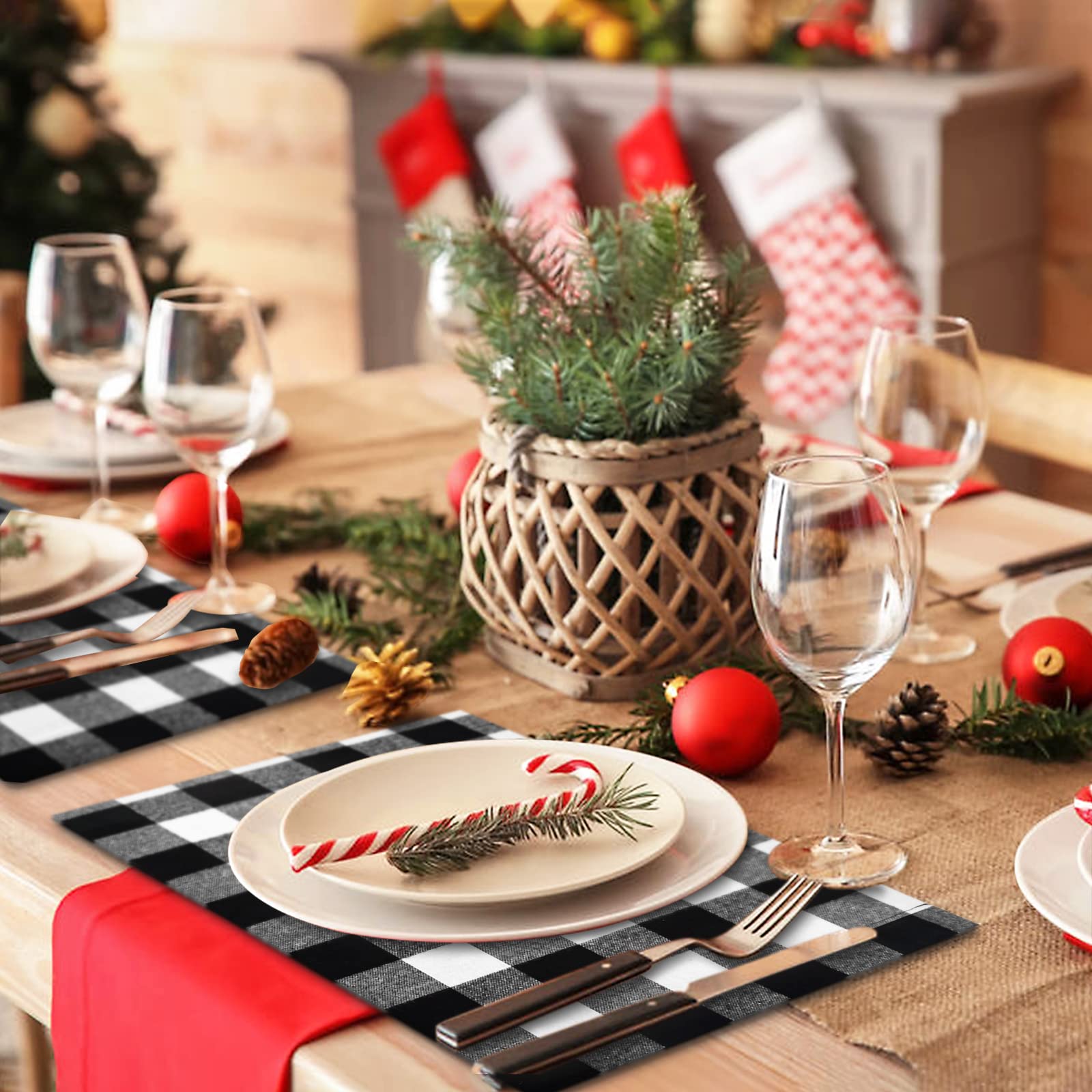 Senneny Set of 6 Christmas Placemats Buffalo Check Placemats Black White Plaid Reversible Burlap & Cotton Placemats for Christmas Holiday Table Home Decoration