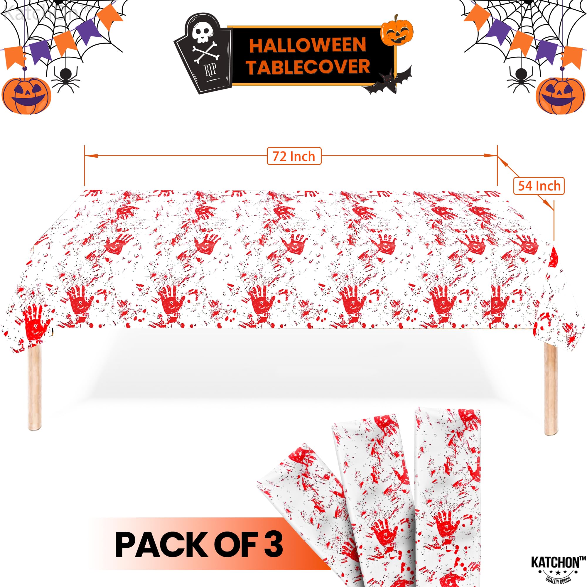 KatchOn, Bloody Table Cloth Halloween - Pack of 3, Large 54x72 Inch | Halloween Tablecloth Plastic, Zombie Red Bloody Handprint Tablecloth | Halloween Table Cover for Halloween Table Decorations