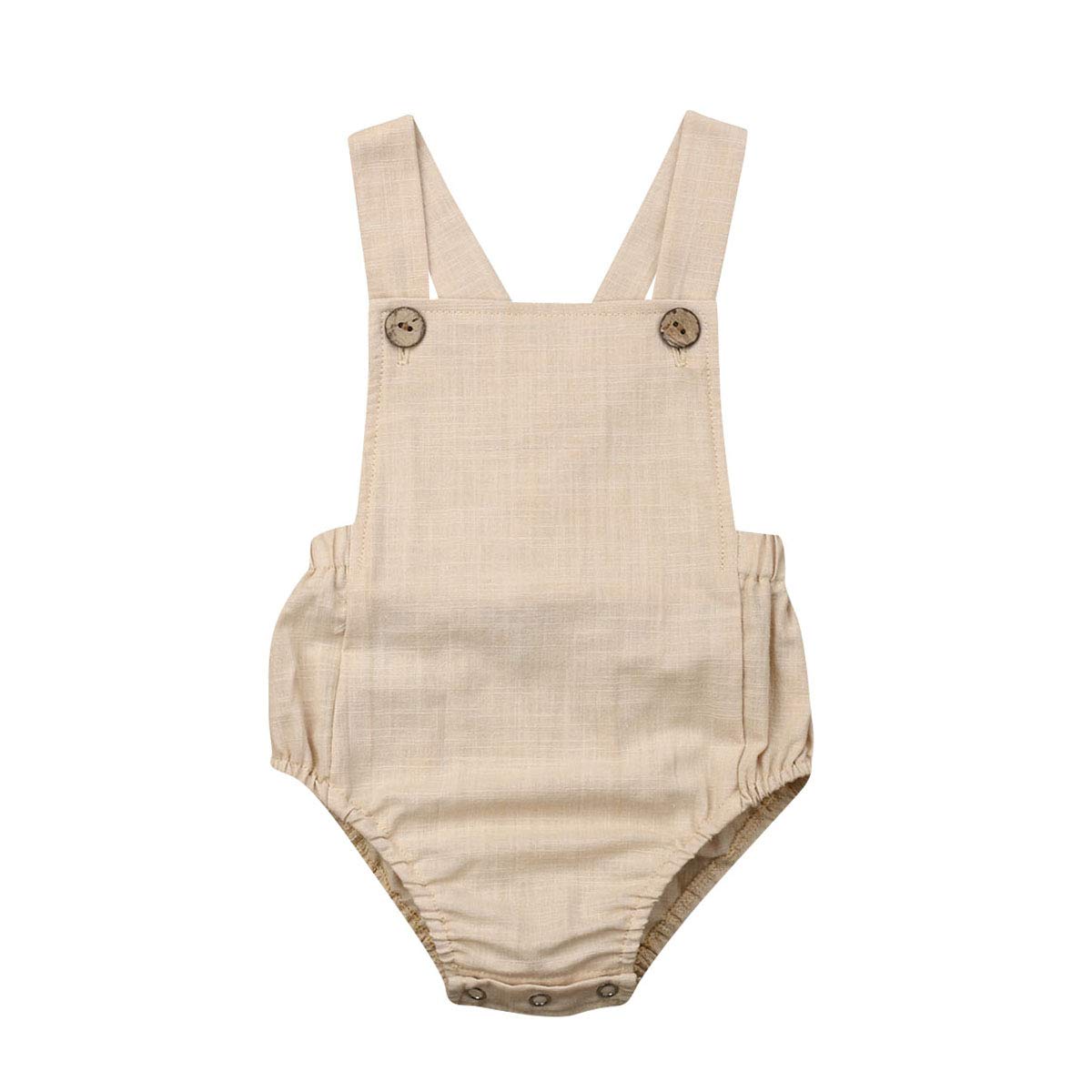 LOPJGH Newborn Baby Summer Romper Unisex Solid Color Button Jumpsuit Sleeveless Backless Overalls Outfits 1Pcs (12-18 Months, Khaki)