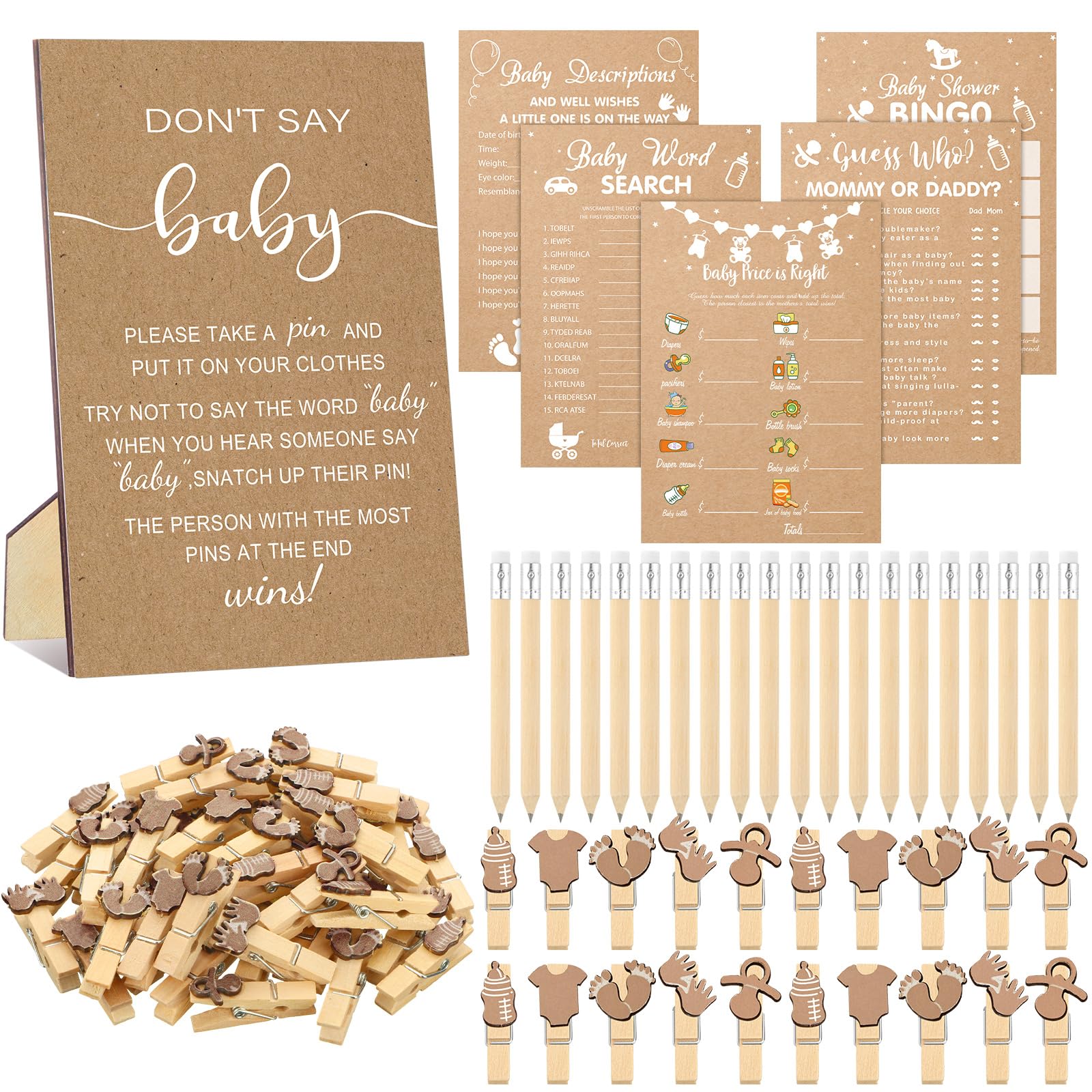 Patelai 321 Pcs Baby Shower Games Supplies, 5 Sets (50 Cards Each) Activities Cards with 20 Pencils 1 Don't Say Baby Sign 50 Clothespin(Kraft Style)