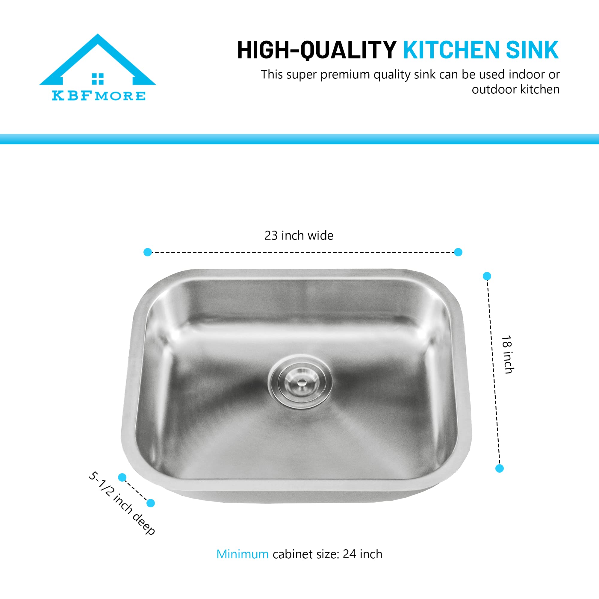 KBFmore 23 Inch Single Bowl ADA Compliant Stainless Steel Kitchen Sink, Rust Resistant Sound and Heatproof Shallow Drain 18 Gauge Undermount Sink with Sink Strainer and Removable Garbage Basket