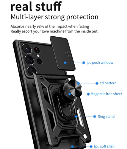 CCSmall Case for Samsung Galaxy S23 Ultra (Not S23) with Slide Camera Cover, Military Grade Drop Protective Phone Cover Case with Ring Kickstand for Samsung Galaxy S23 Ultra 5G SJ Black