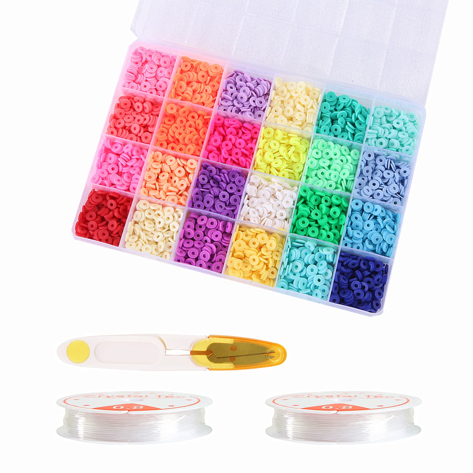 4800 PCS 6MM Polymer Clay Fimo Rainbow Color Beads, Flat Disc Heishi Beads, Multicolor Polymer Beads with 2 Roll Elastic Thread and 1 Scissorsā¦