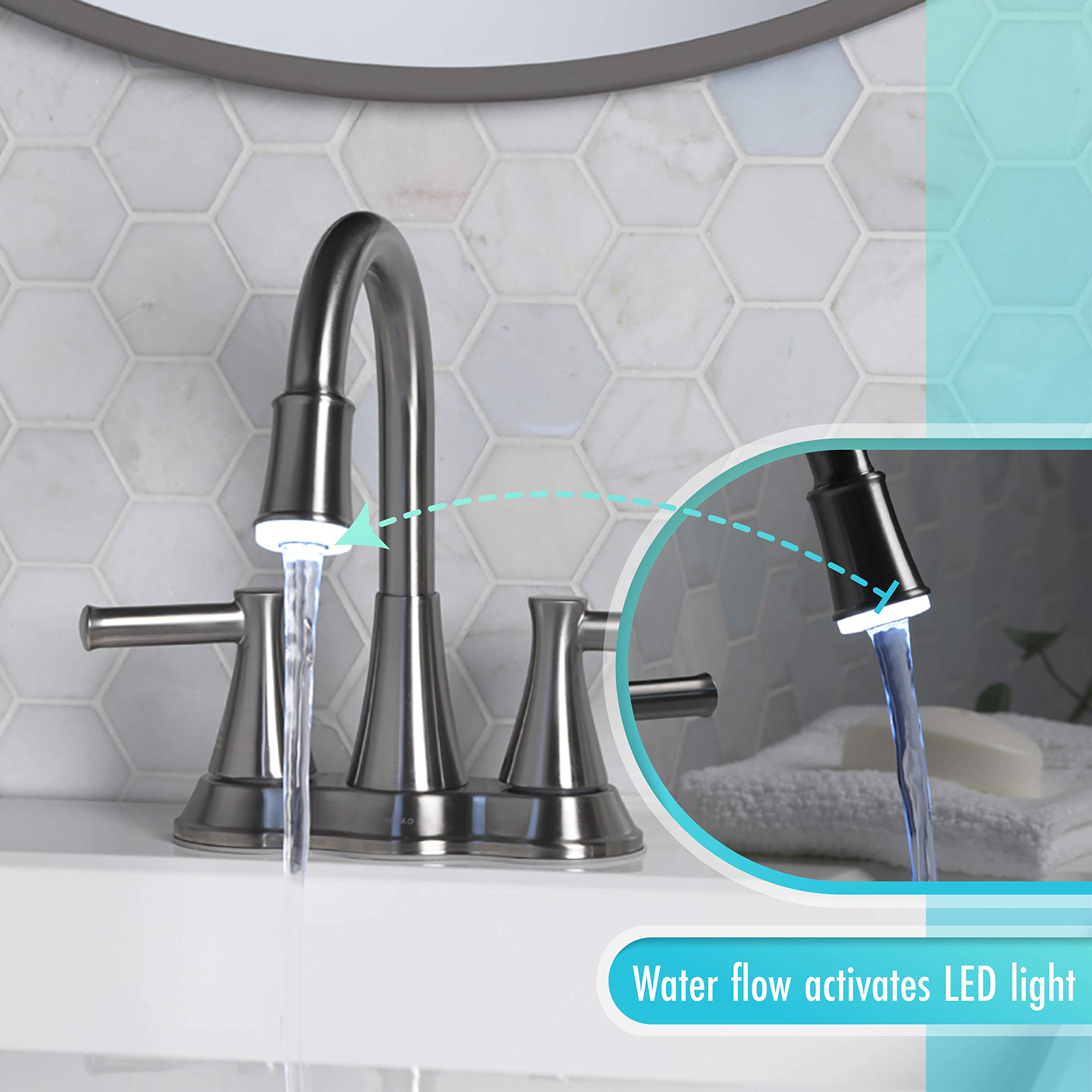 Aqua Vista 22-B42CPL-BN-AV Bathroom Sink Faucet, Two Handle w LED Light Brushed Nickel