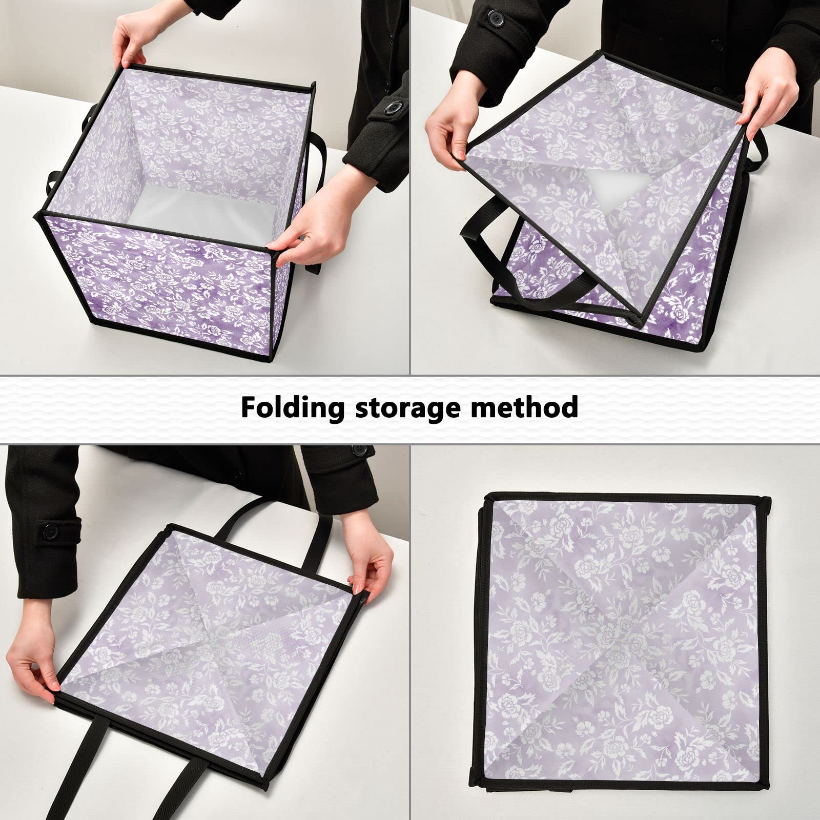 XIOMARA Foldable Storage Bins,Purple Pattern White Flowers Storage Baskets Cubes with Handles for Closet Nursery Office Grey and Black Trim (10.63x10.63x10.63in)