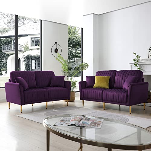kevinplus 55'' Purple Velvet Loveseat Sofa Couch for Living Room, Modern Luxury Upholstered Sofa with Metal Legs, 2-Seater Sofa Couch for Bedroom Apartment Small Spaces Office, Purple
