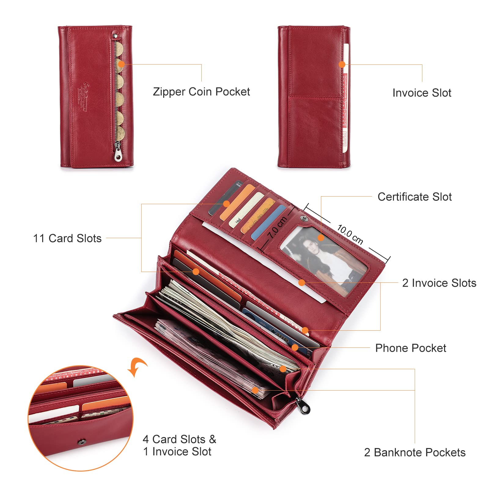 Contacts Women Real Leather Zipper Coin Clutch Purse Phone Wallet (Red)