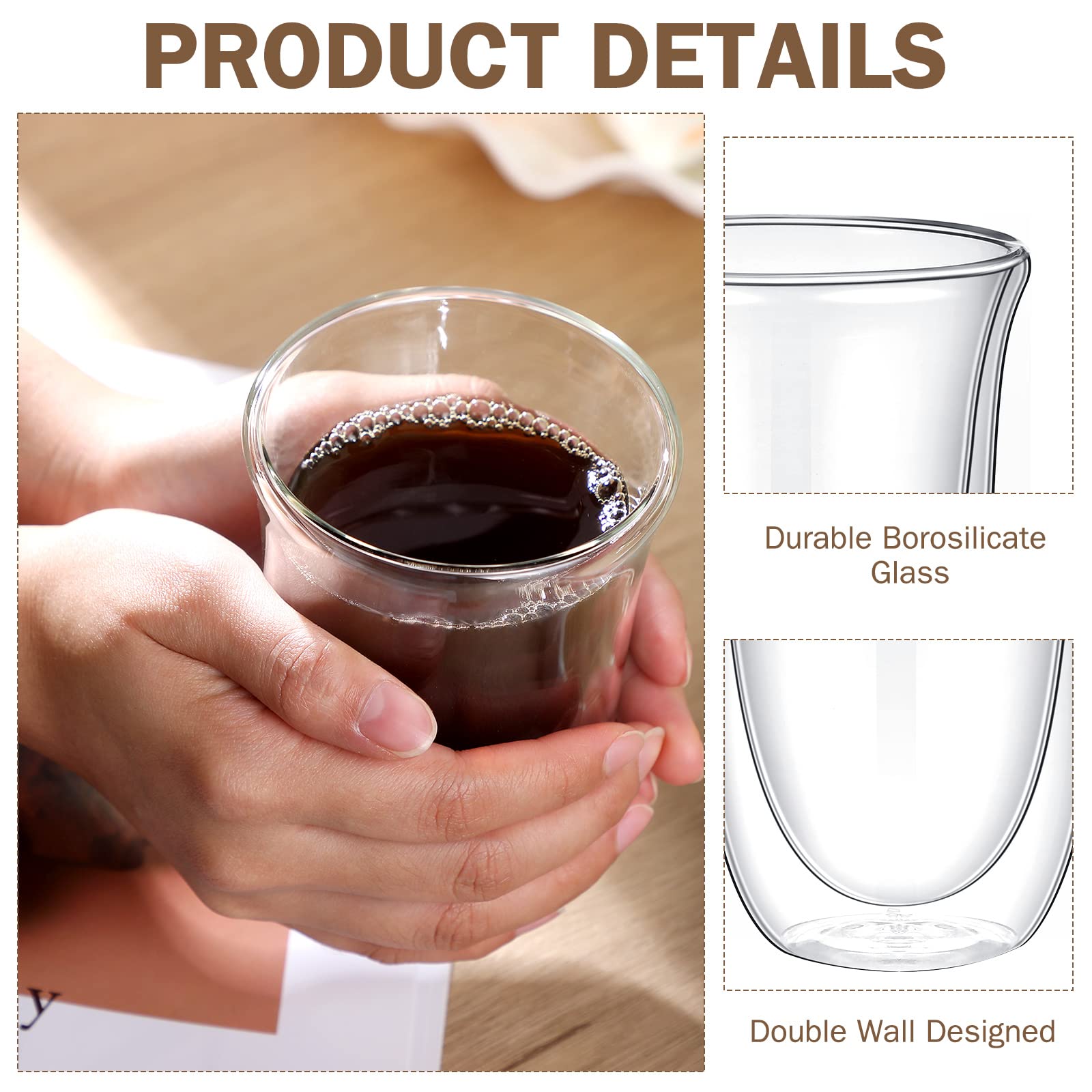8 Pack 10 oz Double Walled Coffee Mugs Glass Espresso Cups without Handle Clear Thermo Insulated Demitasse Cups for Cappuccino Tea Latte Beverages