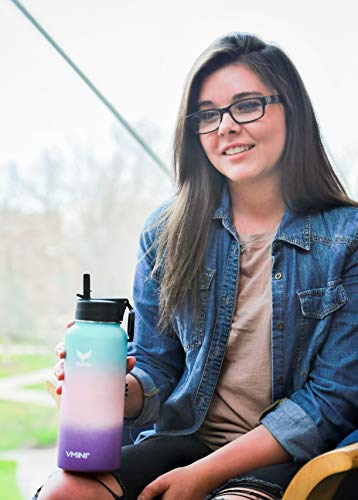 Vmini Water Bottle with New Wide Handle Straw Lid, Wide Mouth Vacuum Insulated 18/8 Stainless Steel, 32 oz, Gradient White + Black
