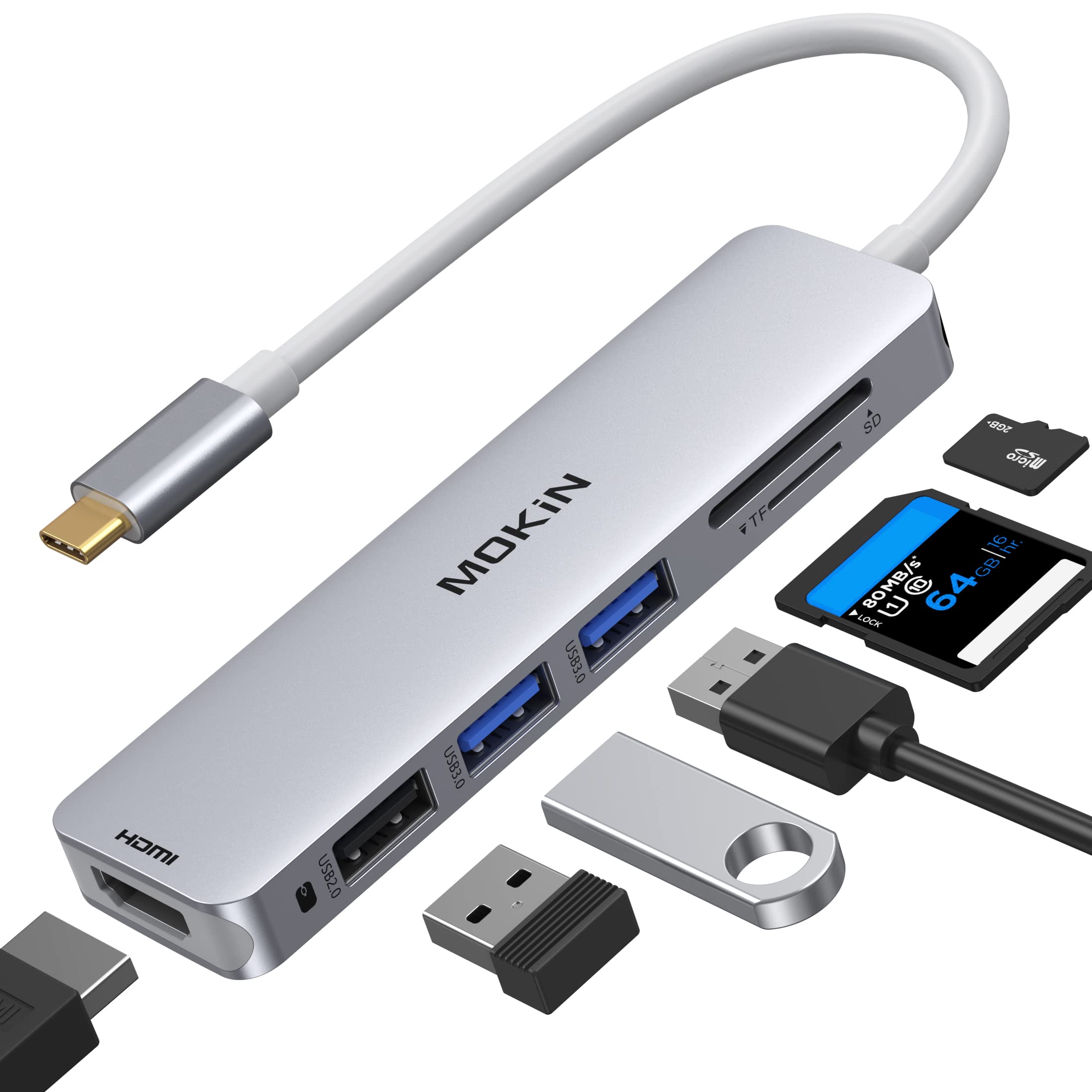 USB C Hub HDMI Adapter for MacBook Pro 2019/2018/2017, MOKiN 5 in 1 Dongle USB-C to HDMI, Sd/TF Card Reader and 2 Ports USB 3.0