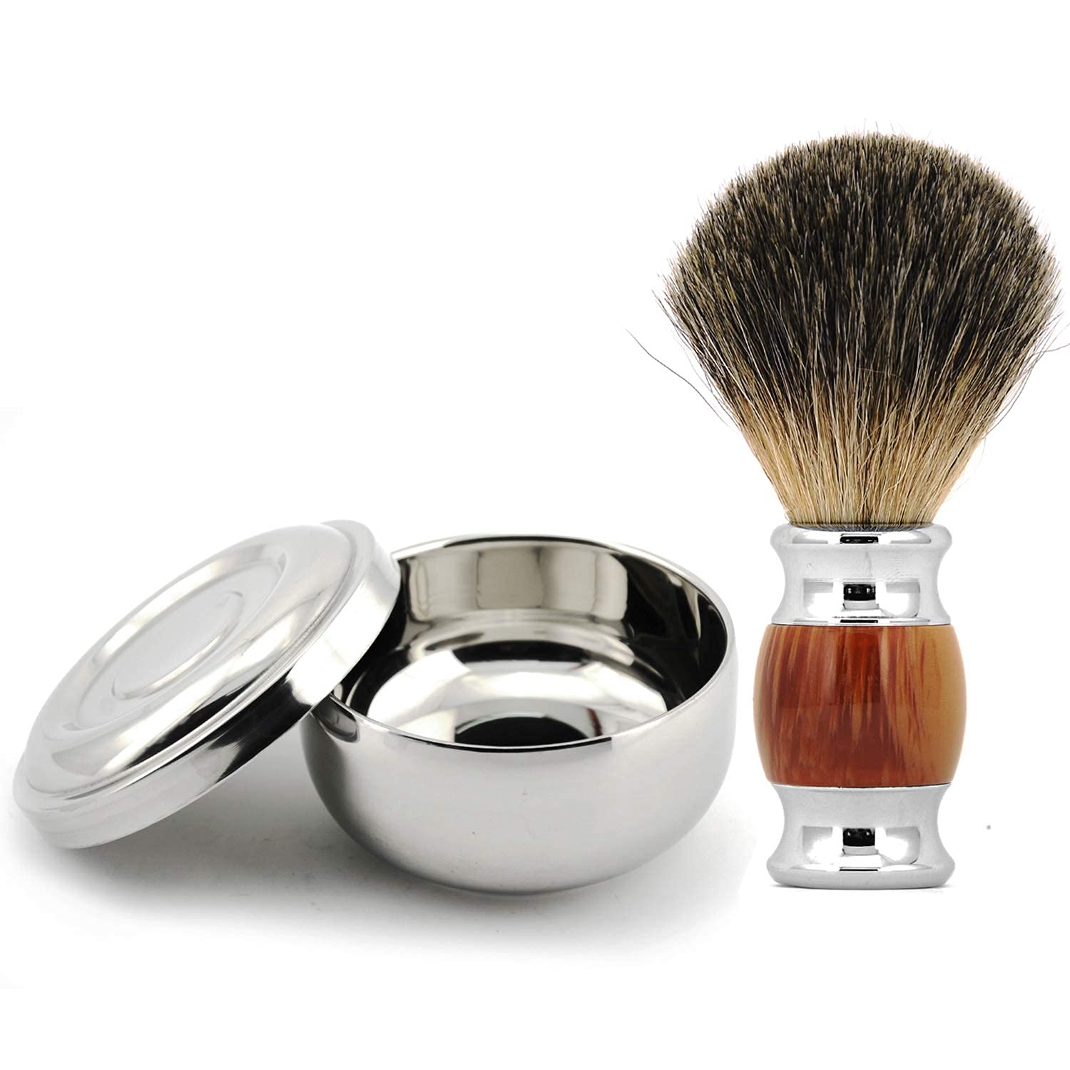 Grandslam Shaving Bowl and Brush Kit, Stainless Steel Shaving Bowl With Lid, Badger Hiar Shaving Brush, Wide Mouth, Shaving Kit For Men