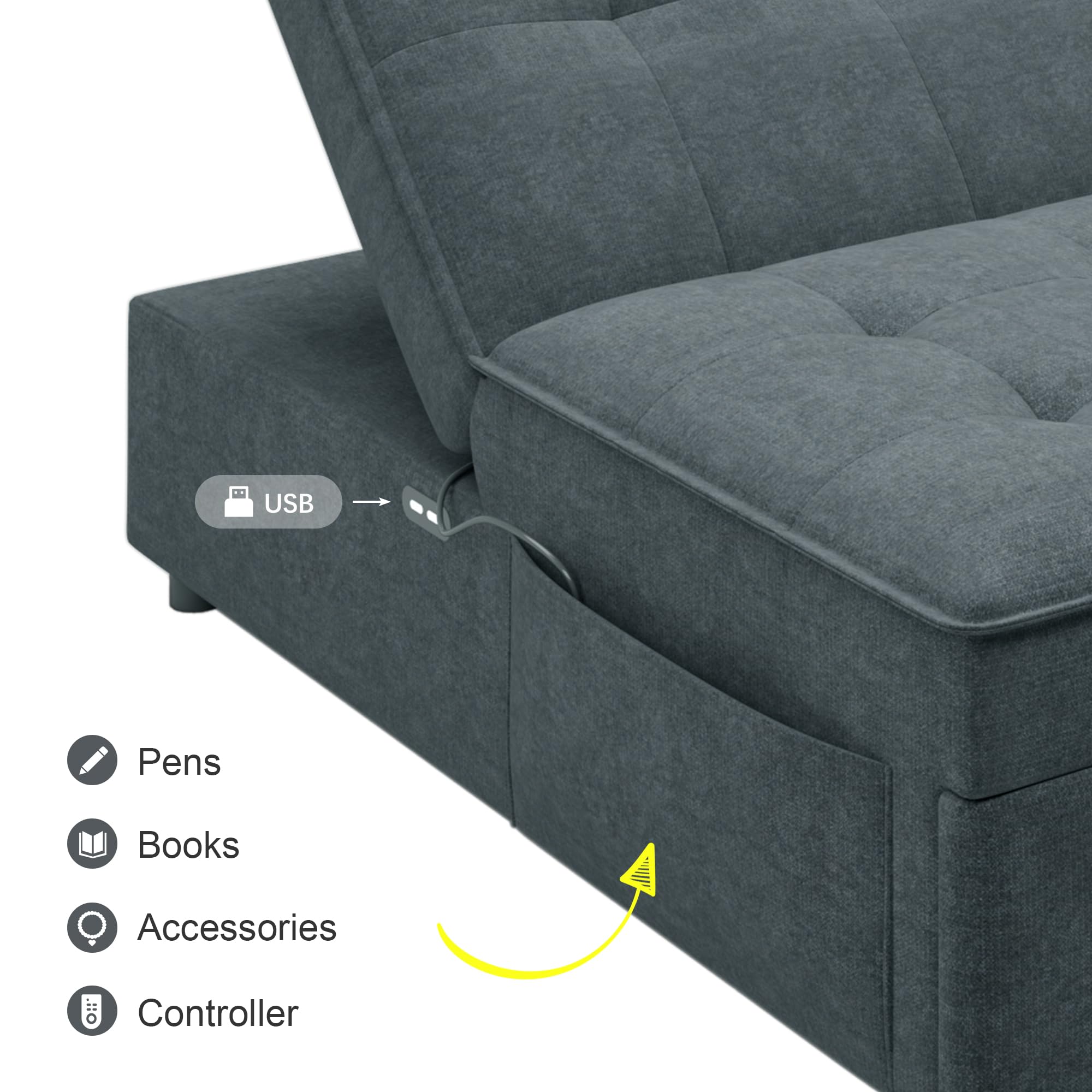 Linique Convertible Sofa Bed with Storage Pocket and USB Ports, Foldable Ottoman Single Sleeper Sofabed, Lounger Sofa Chair for Living Room, Office, Bedroom, Beige