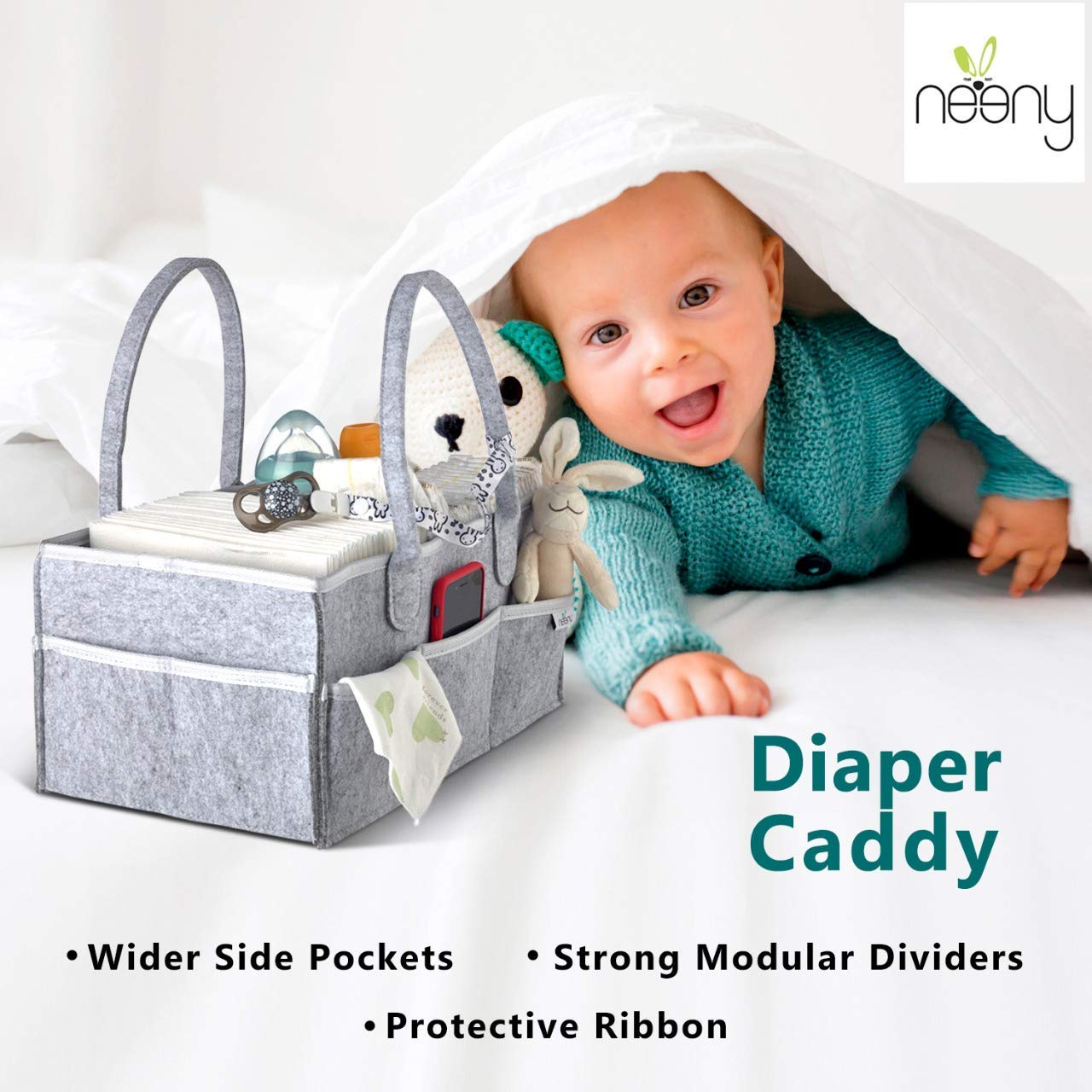 NEENY Baby Diaper Caddy Organizer β Portable Changing Table Storage Basket β Soft Felt Grey Nappy Bag Adjustable Compartments β Wipes Bottle Nursing Home & Car Travel β FREE Cotton Bib & Pacifier Clip