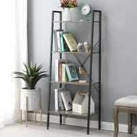 LuxenHome 4 Tier Ladder Bookshelf, 58'' Modern Leaning Bookshelf, Solid Real Wood Bookcase, Rustic Shelves with Industrial Metal Frame, Tall Wide Bookshelf Storage for Classroom, Light-Oak