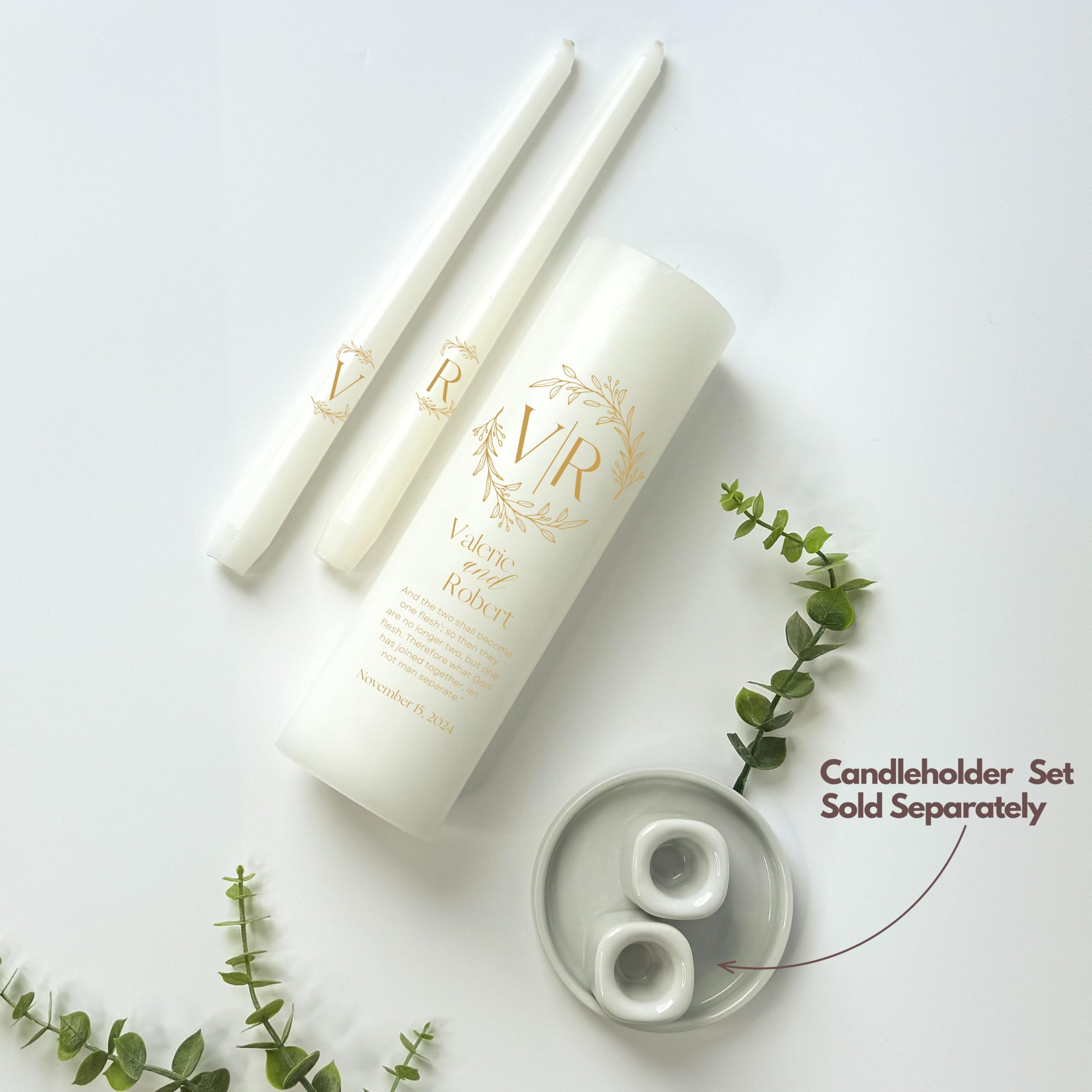 Unity Candles for Wedding, Unity Set, Custom and Personalized Pillar and Taper Candles with Bible Quote, Unscented White Premium Wax, Religious and Wedding Ceremony, Special Events (Goldie)
