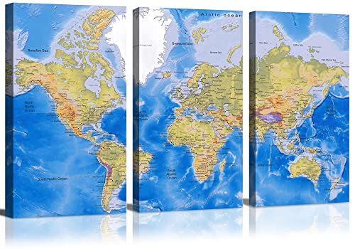 Blue World Map Wall Art Canvas Decor Poster for Office, Living Room, Home Bedroom Decoration 16"x24"x3 Pcs Framed