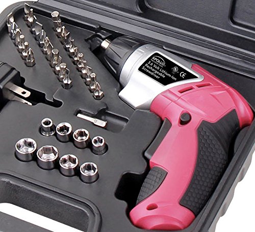 Apollo Tools Lightweight Cordless Screwdriver Set Includes Rechargeable 3.6 Volt Li-ion Screwdriver and 45 Piece Accessory Set in Black Carrying Case- Pink Ribbon- Pink - DT4944P