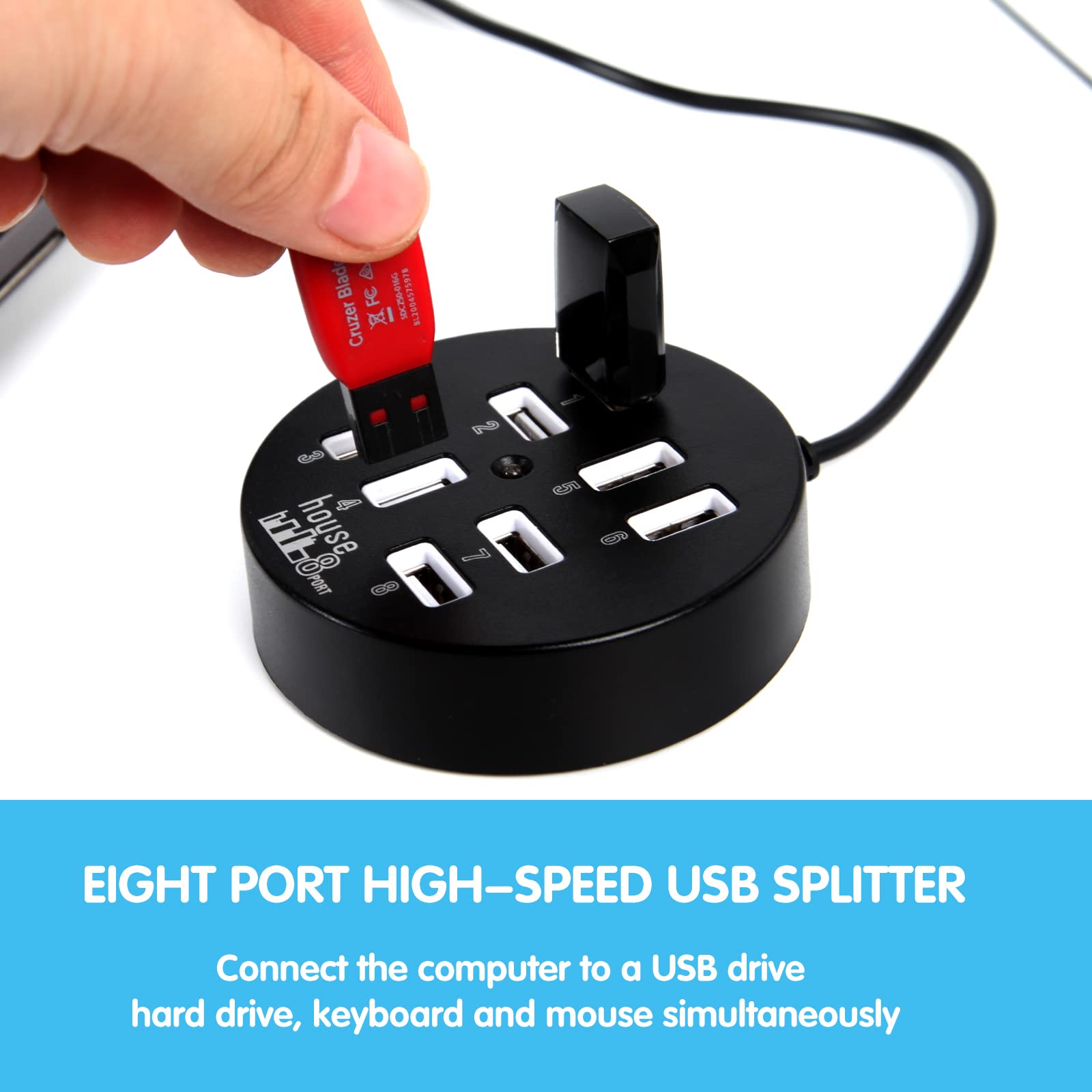 8 Ports USB Charger, Multi-Port Data Transmission Splitter, USB 2.0 Hub Round Shape Adapter with LED for Phone, USB Flash Disk, PC, Tablet, and Other USB Devices