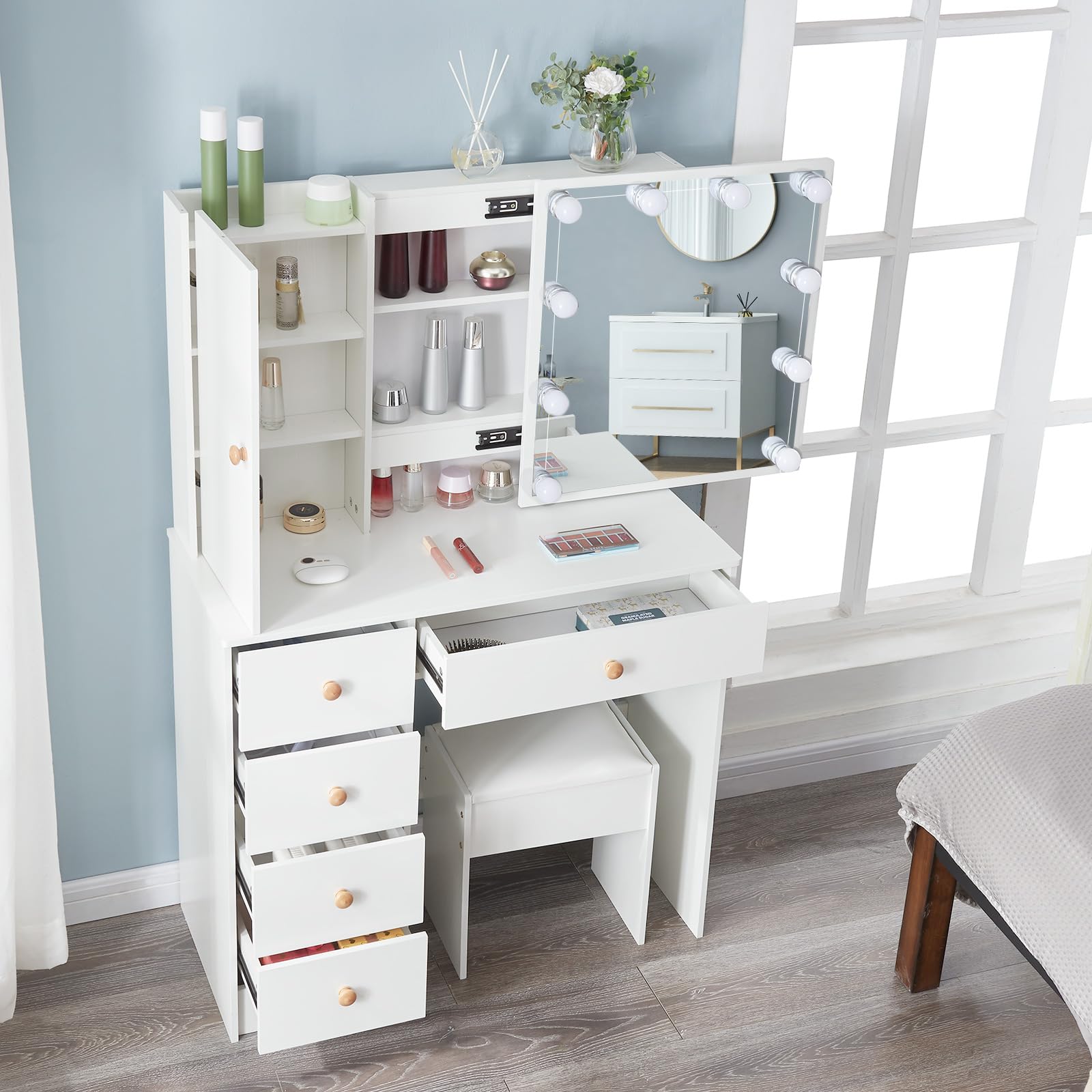Abesthink Makeup Vanity with Lights, Makeup Vanity Desk with Mirror and 10 LED Lights,Vanity Table Set with 5 Drawers, Cabinet,Stool and Hidden Shelves,Vanity Set Dressing Table for Bedroom, White