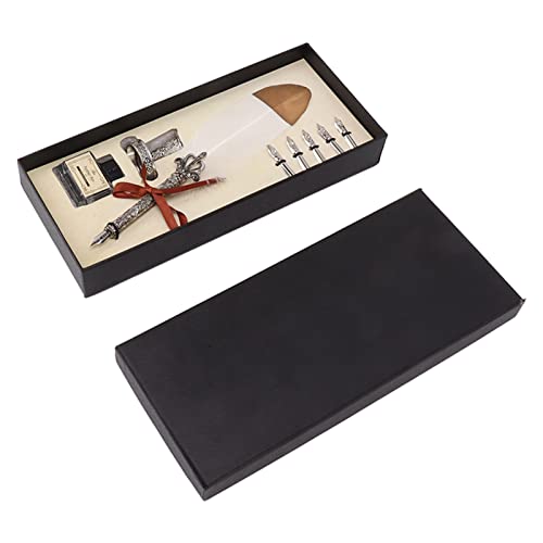 Feather Pen and Ink Set, Glittering Quill Pen Set Antique Calligraphy Dip Pen with Ink, 2 Replacement Nibs, Pen Stand Base, Luxury Vintage Signature Pen