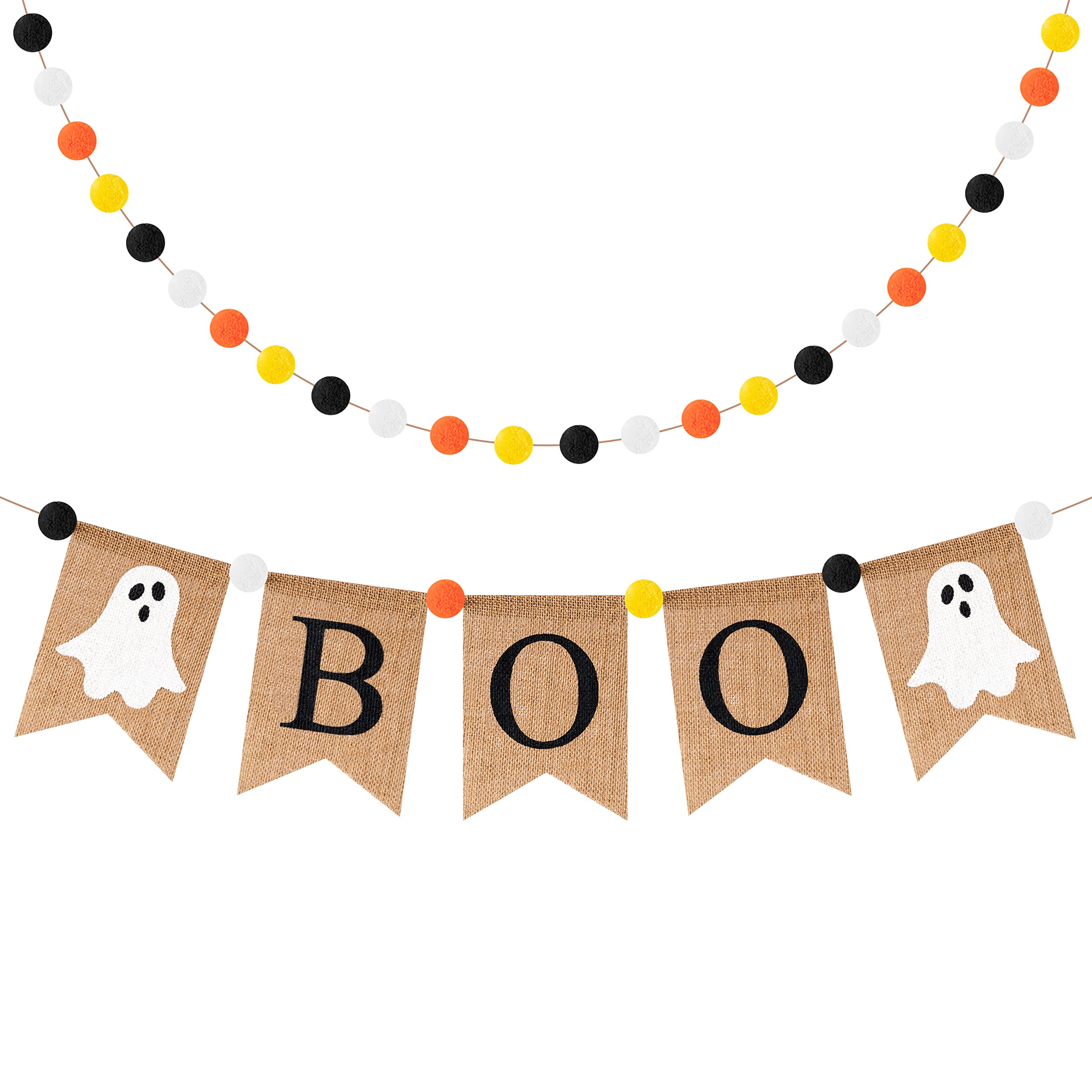 WATINC 2pcs Halloween Scary Boo Burlap Banner Ghost Pom Pom Garland Set, Happy Halloween Felt Ball Banner Hanging Decorations Thanksgiving Carnival Holiday Party Hang Bunting Decor for Home Wall