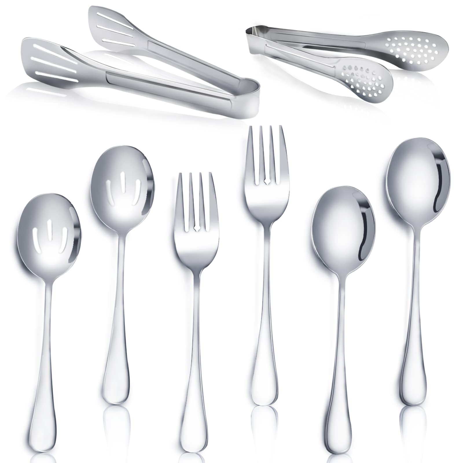 8 Pieces Stainless Steel Flatware Serving Utensils, Include 2 Serving Spoons, 2 Slotted Spoons, 2 Tongs and 2 Forks for Party Buffet Banquet Kitchen