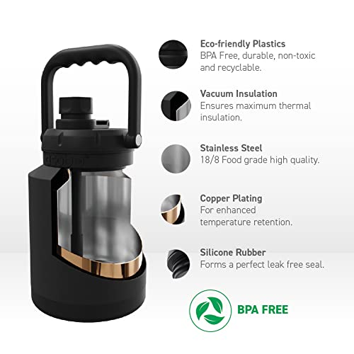 Asobu Mini Stainless Steel Double Walled Vacuum Insulated 33 Ounce Jug With Full Hand Easy Carry Handle and Pop Up Straw (Black)