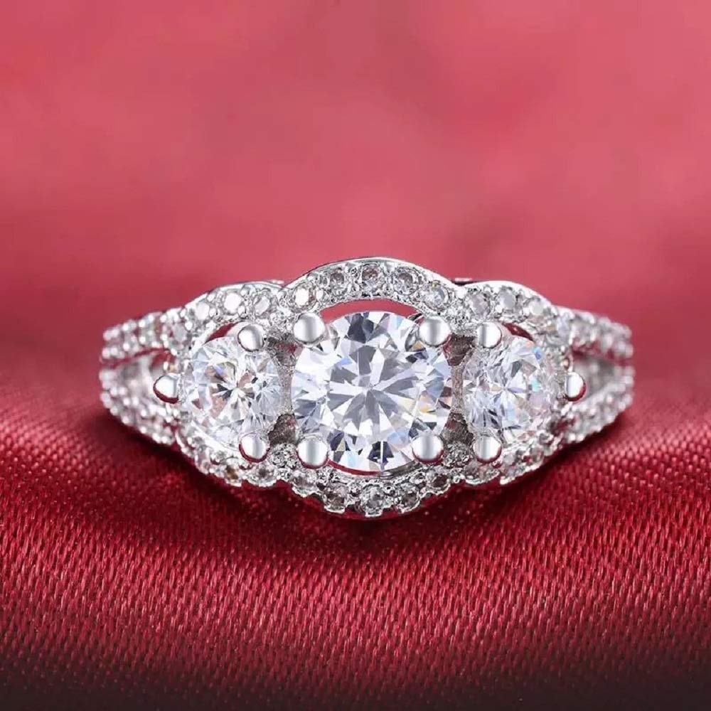 ABIRTE Rhodium Plated Sterling Silver Round Cubic Zirconia CZ 3-Stone Anniversary Engagement Split Shank Ring Wedding Rings for Women Engagement Ring Set 925 Sterling Silver (10)