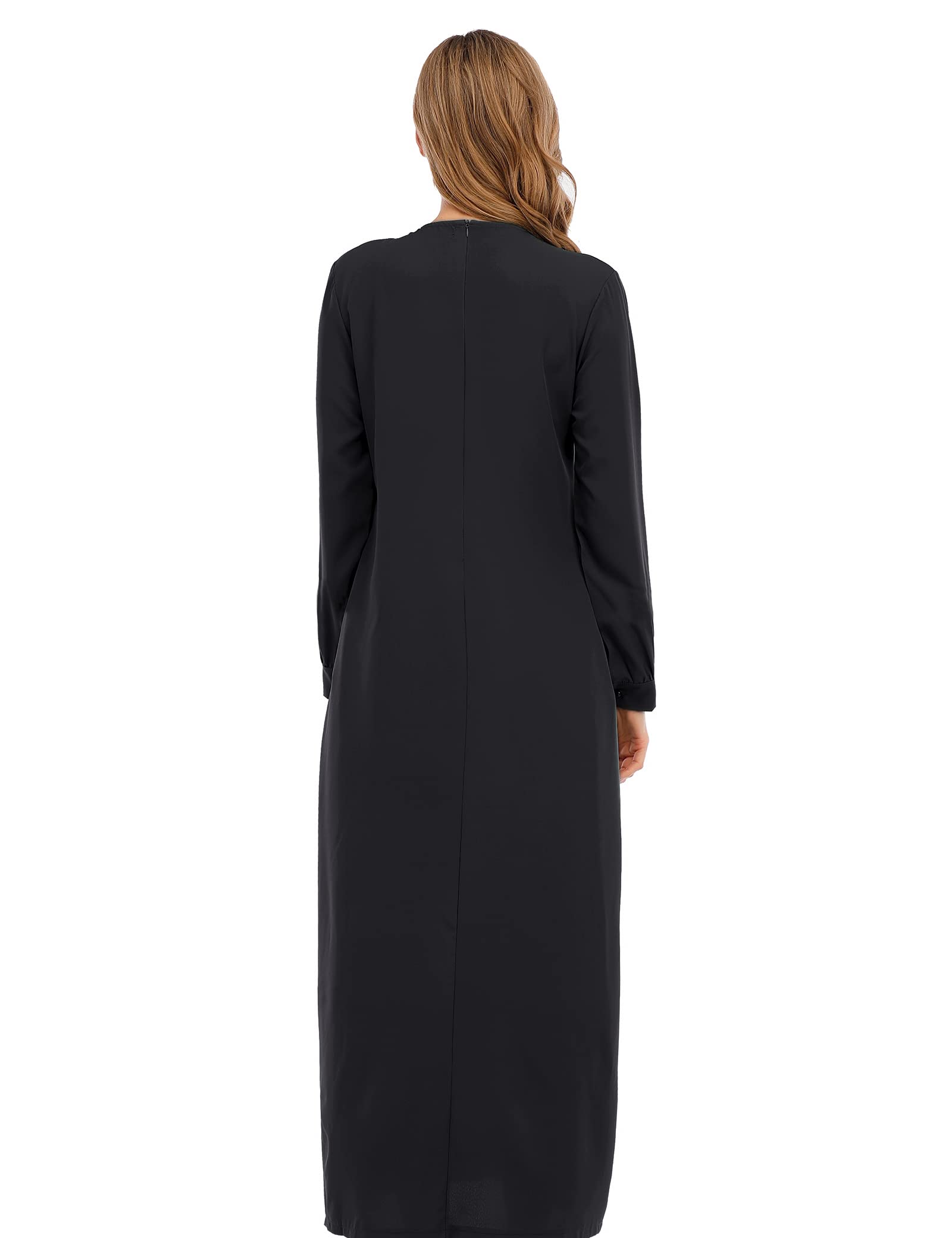 Abetteric Womens Abaya Long Sleeve Muslim Dress Prayer Clothes Casual Islamic Kaftan with Pocket Black Medium