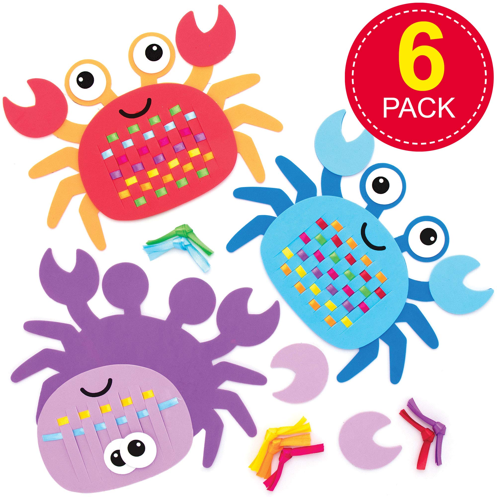 Baker Ross AT890 Crab Weaving Kits for Kids - Pack of 6, Introductory Sewing for Beginners and for Children's Arts and Crafts Projects