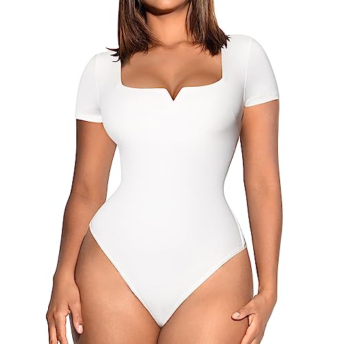 FeelinGirl Women's Body Thong Tummy Control Shapewear Short Sleeve Top Scoop / V Neck Leotards Suit, B-white-notch Neck, Medium