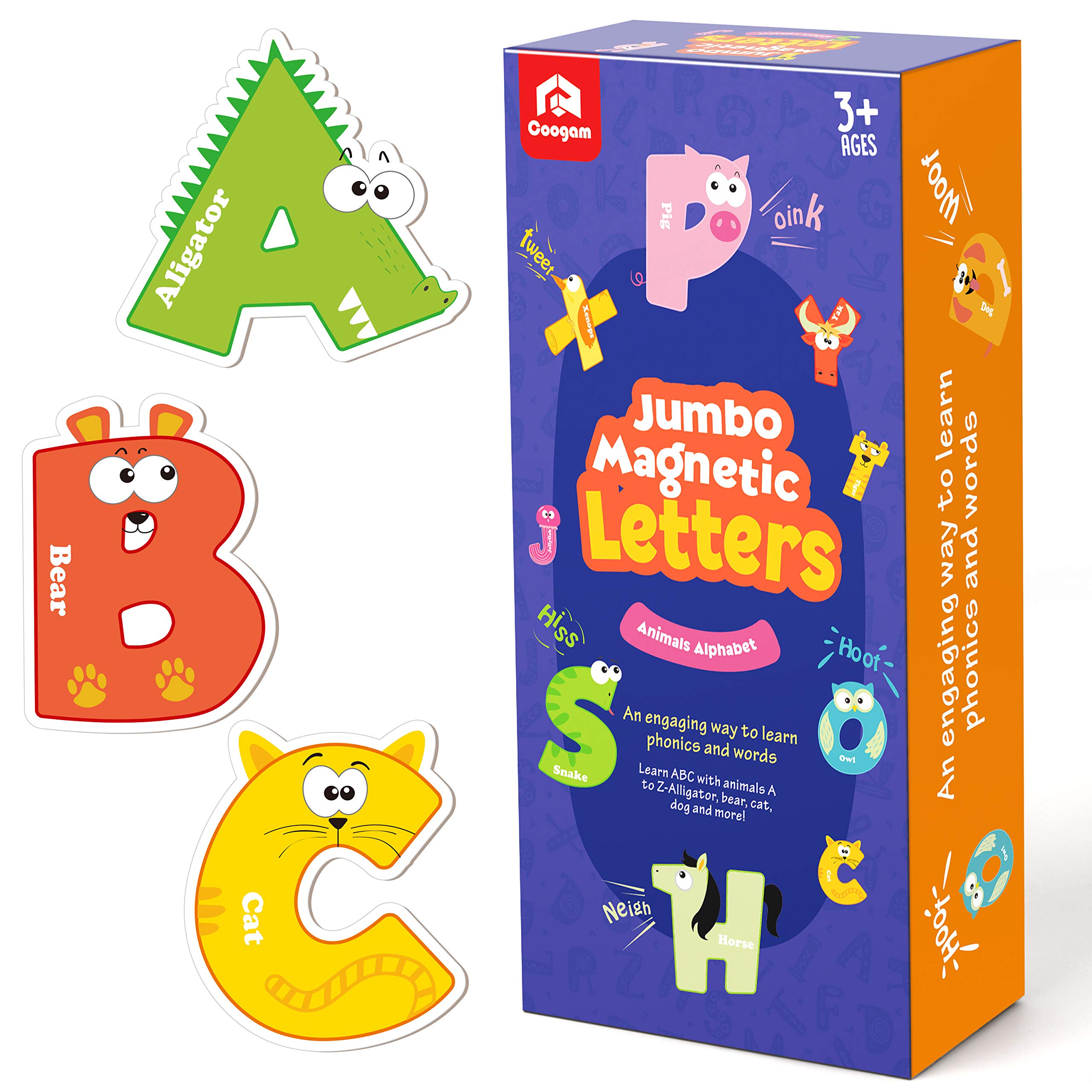 Coogam Magnetic Letters 26Pcs Jumbo ABC Alphabet Colorful Animal Shape Large Uppercase Fridge Magnets Educational Toy Set Learning Spelling Games for Kids 3 4 5 Years Old