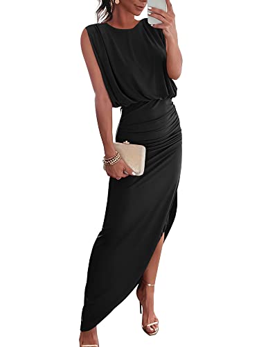 BTFBM Women Sleeveless Ruched Bodycon Dress 2023 Summer High Waist Asymmetrical Slit Formal Party Cocktail Maxi Dresses(Solid Black, Medium)