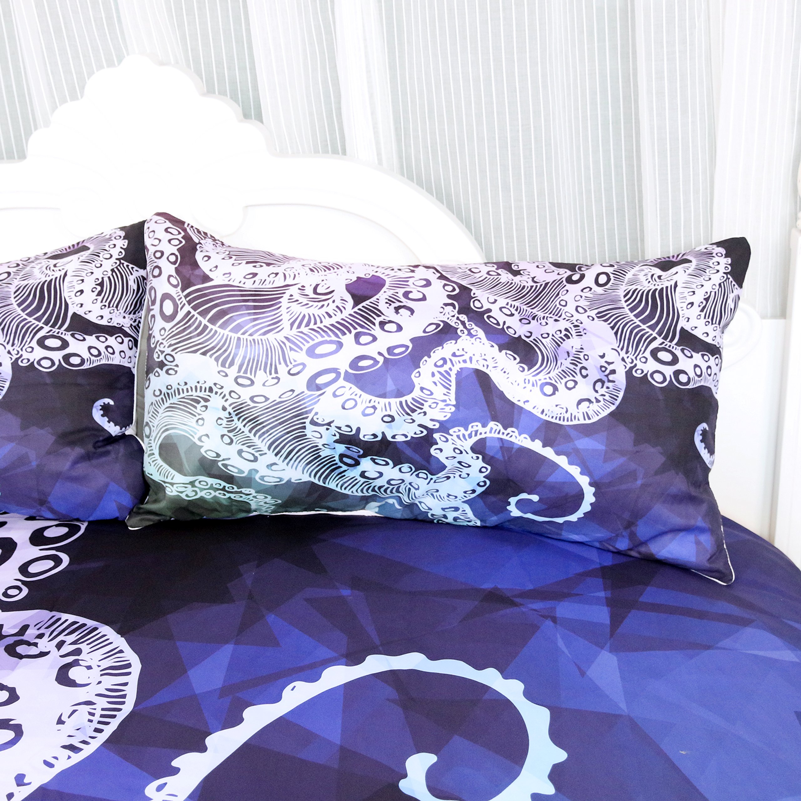 ARIGHTEX Octopus Duvet Cover Geometric Design 3D Octopus Bedding Set Nautical Ocean Blue Bed Linen Duvet Cover Set (Queen)