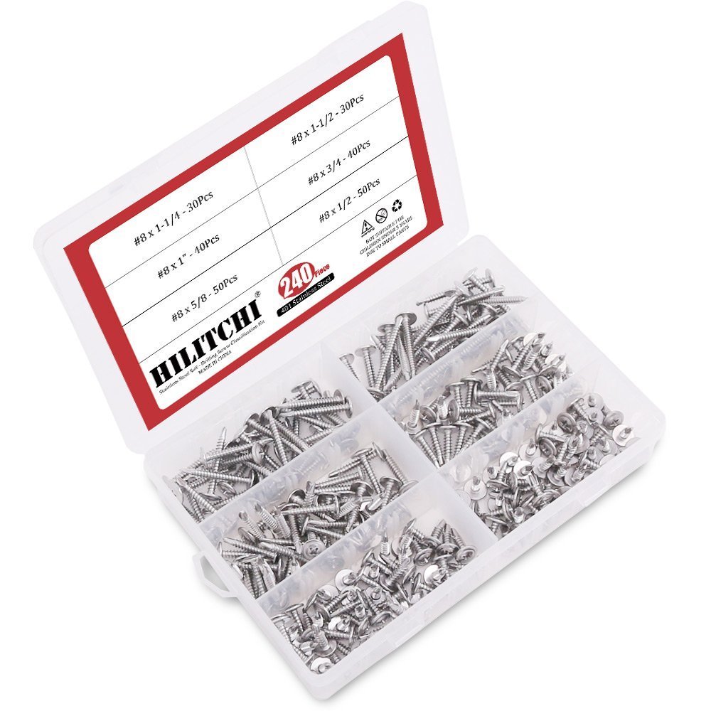 Hilitchi 410 Stainless Steel Wafer Head Phillips Self Drilling Screws Sheet Metal Tek Screws Assortment Kit, Modified Truss Head Self Driller - Size: #8 x 1/2" ~ #8 x 1-1/2" (Pack of 240)