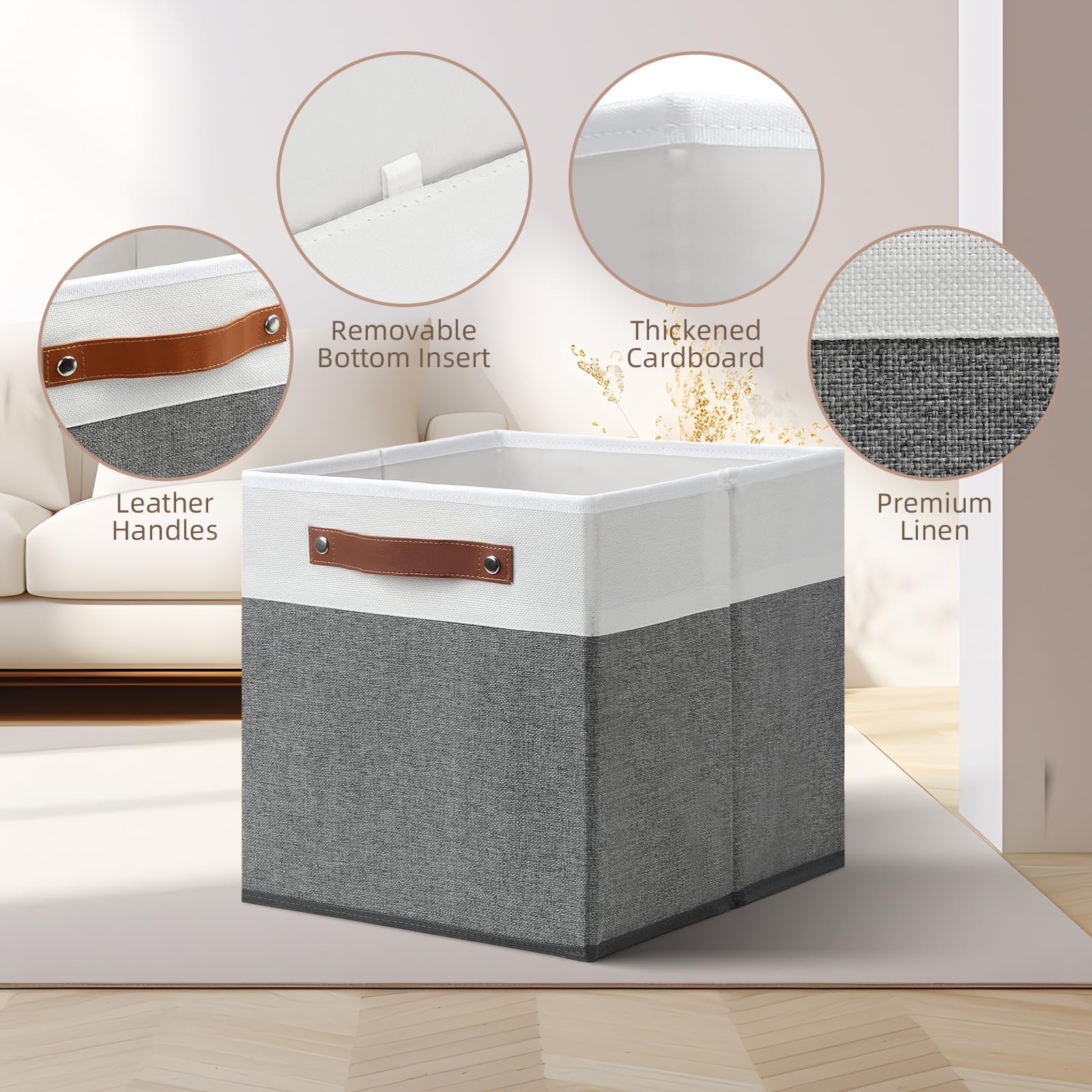 ArcaGuru 13x13x13 Storage Cube Bins, Foldable Fabric Organizer Bins Storage Cubes Baskets Box Drawers for Shelves, Closet, Wardrobe, Bookshelf, 4 Pack, White/Gray
